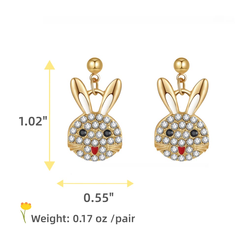 Crystal Bunny Earrings for Women, Shiny Rhinestones, Lightweight Hypoallergenic Gold/Silver Animal Drop Earrings (Gold)