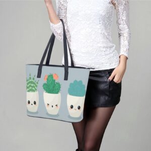 Womens Handbag Succulent Plant Cactus Leather Tote Bag Top Handle Satchel Bags For Lady