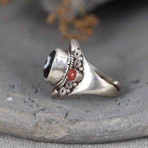 925 Sterling Silver Ring,Adjustable Ring Vintage Ethnic Dzi Bead Agate Inlaid Open Ring Tribal Civilization Orment Persolity Avant-Garde Fashion Jewelry Gift