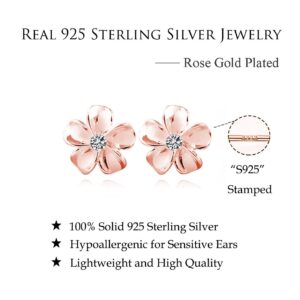 Reffeer Solid 925 Sterling Silver Plumeria Flower Stud Earrings for Women Teen Girls Crystal Flower Stud Earrings (C-Rose Gold)