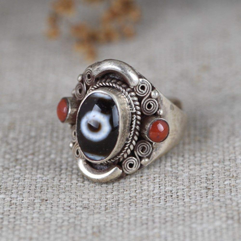 925 Sterling Silver Ring,Adjustable Ring Vintage Ethnic Dzi Bead Agate Inlaid Open Ring Tribal Civilization Orment Persolity Avant-Garde Fashion Jewelry Gift