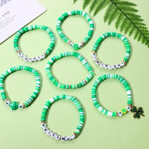 FAERLIIRY St. Patrick's Day Bracelets for Women Beaded Heishi Bracelets Preppy Surfer Bracelets Green Bead Bracelets Shamrock Luck Charm Bracelet Irish Party Jewelry (Green)