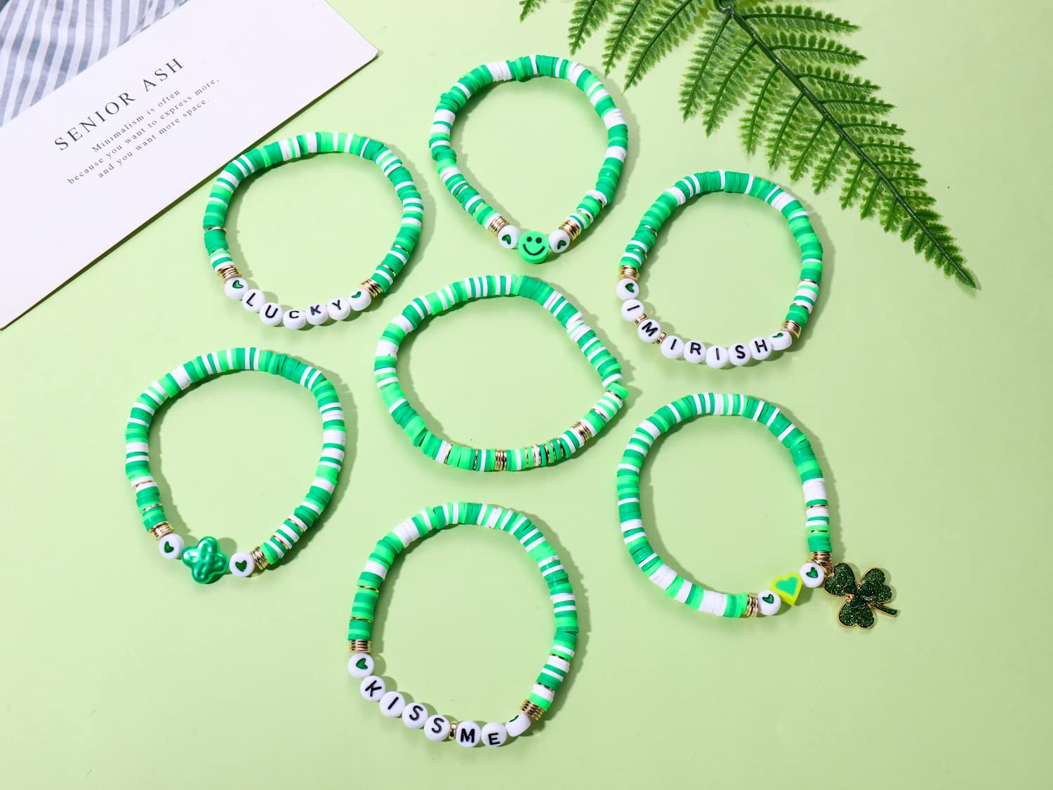 FAERLIIRY St. Patrick's Day Bracelets for Women Beaded Heishi Bracelets Preppy Surfer Bracelets Green Bead Bracelets Shamrock Luck Charm Bracelet Irish Party Jewelry (Green)