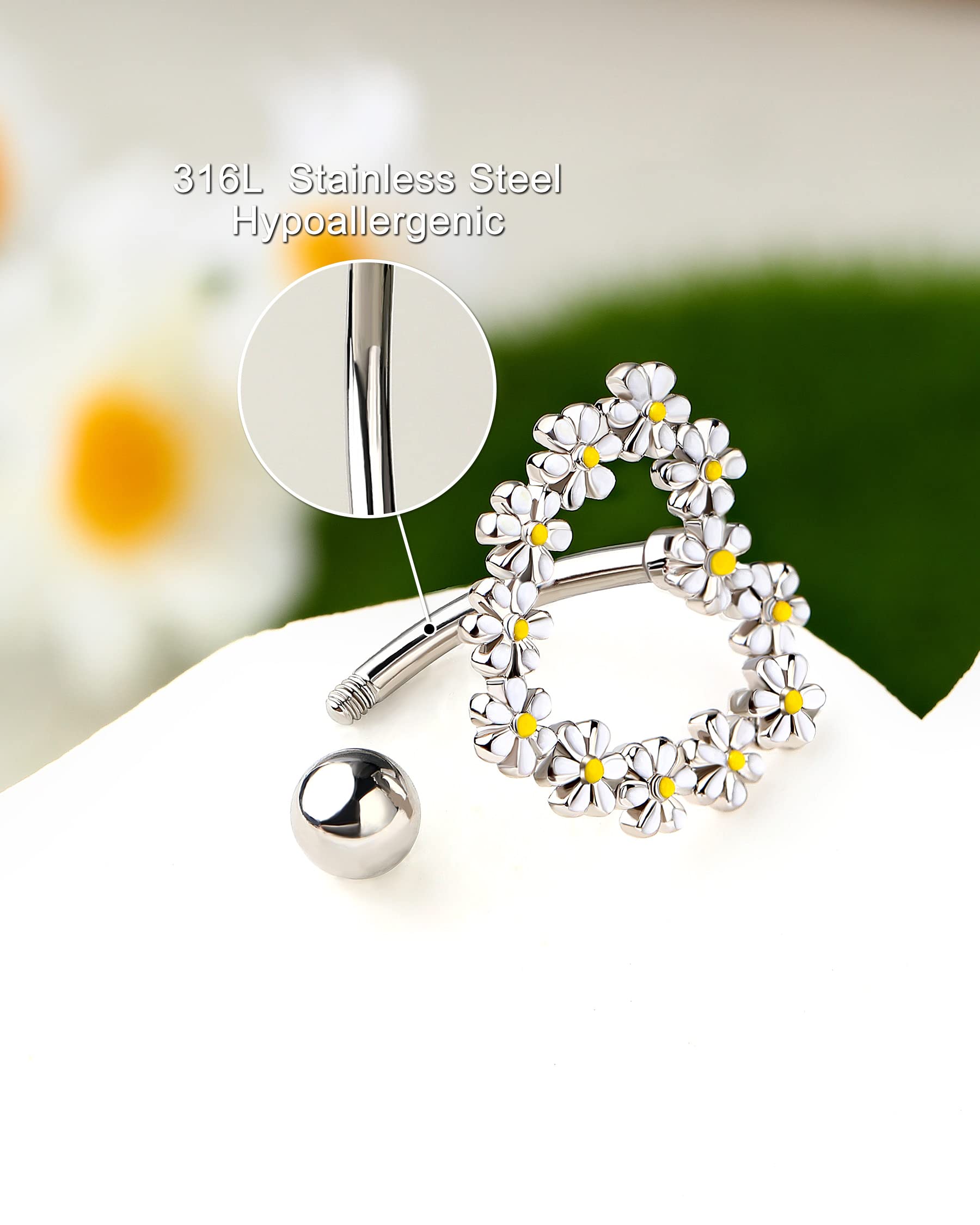 Melighting 14G Belly Button Rings Reverse Belly Rings Stainless Steel 316L Flower Belly Piercing Jewelry for Women Belly Piercing Navel Barbell Body Piercing Jewelry