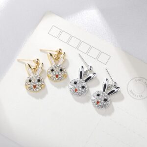 Crystal Bunny Earrings for Women, Shiny Rhinestones, Lightweight Hypoallergenic Gold/Silver Animal Drop Earrings (Gold)