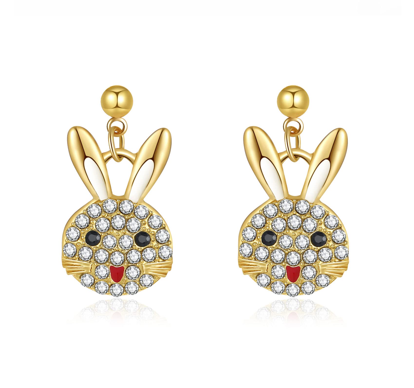 Crystal Bunny Earrings for Women, Shiny Rhinestones, Lightweight Hypoallergenic Gold/Silver Animal Drop Earrings (Gold)