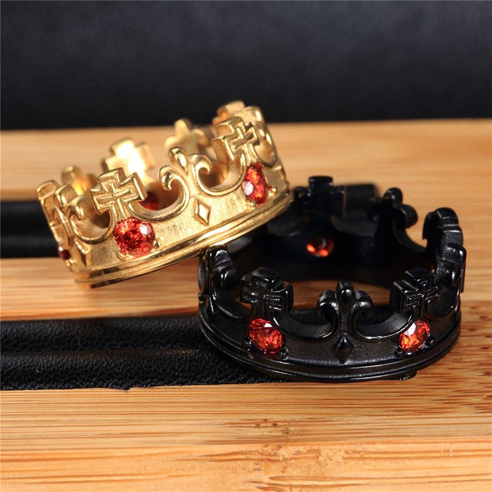 SINLEO Mens Womens Stainless Steel Vintage Royal King Crown Ring Cross Band Ruby Black Gemstone Gold with CZ Size 7