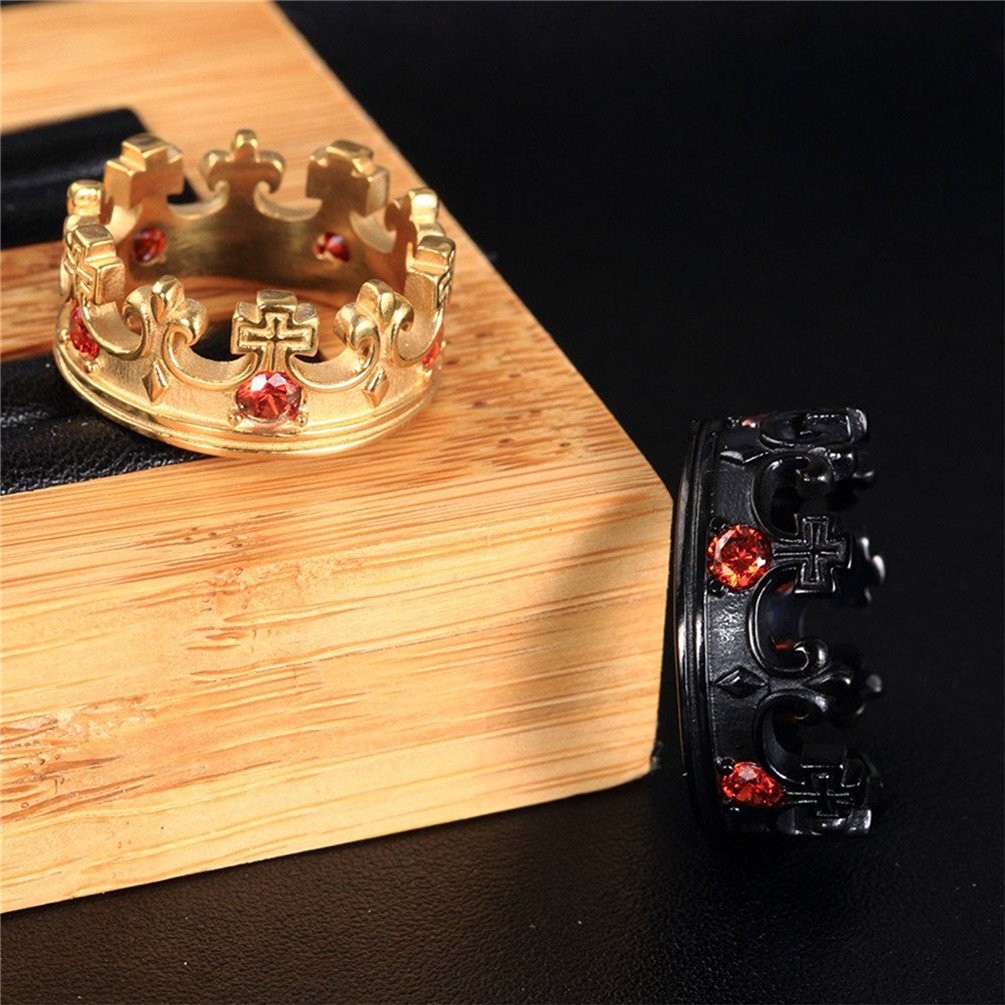 SINLEO Mens Womens Stainless Steel Vintage Royal King Crown Ring Cross Band Ruby Black Gemstone Gold with CZ Size 7