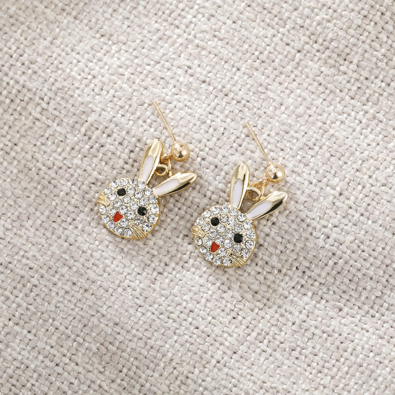 Crystal Bunny Earrings for Women, Shiny Rhinestones, Lightweight Hypoallergenic Gold/Silver Animal Drop Earrings (Gold)