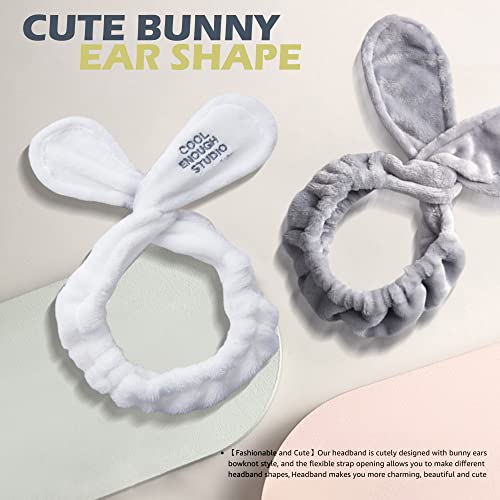 SKYPIA Hairband, 2 PCs Cute Rabbit Fleece Headband for Face Washing, Beauty, Makeup, Shower, SPA, Sports, Yoga, Costume Party, Unisex (White & Gray)