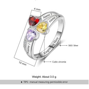 Mother's Day Gift Personalized Mother Daughter Ring with 3 Simulated Birthstones and Names 18K White Gold Filled 925 Sterling Silver Based Ring Customized Family Name Rings for Mother Grandmother Women Wife Birthday Mother’s Day Gift (A)