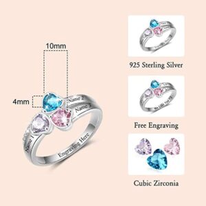 Mother's Day Gift Personalized Mother Daughter Ring with 3 Simulated Birthstones and Names 18K White Gold Filled 925 Sterling Silver Based Ring Customized Family Name Rings for Mother Grandmother Women Wife Birthday Mother’s Day Gift (A)