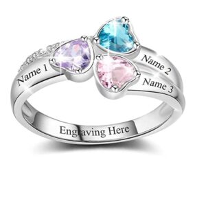 mother's day gift personalized mother daughter ring with 3 simulated birthstones and names 18k white gold filled 925 sterling silver based ring customized family name rings for mother grandmother women wife birthday mother’s day gift (a)