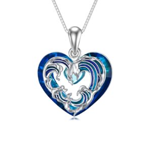 shusukue wave necklace 925 sterling silver heart blue crystal necklace surfer beach jewelry gifts ocean summer jewelry gifts for women