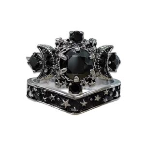 twinkle eye triple moon goddess ring set black crystal star wicca pagan cresent for women wedding engagement wiccan jewelry(size 9)