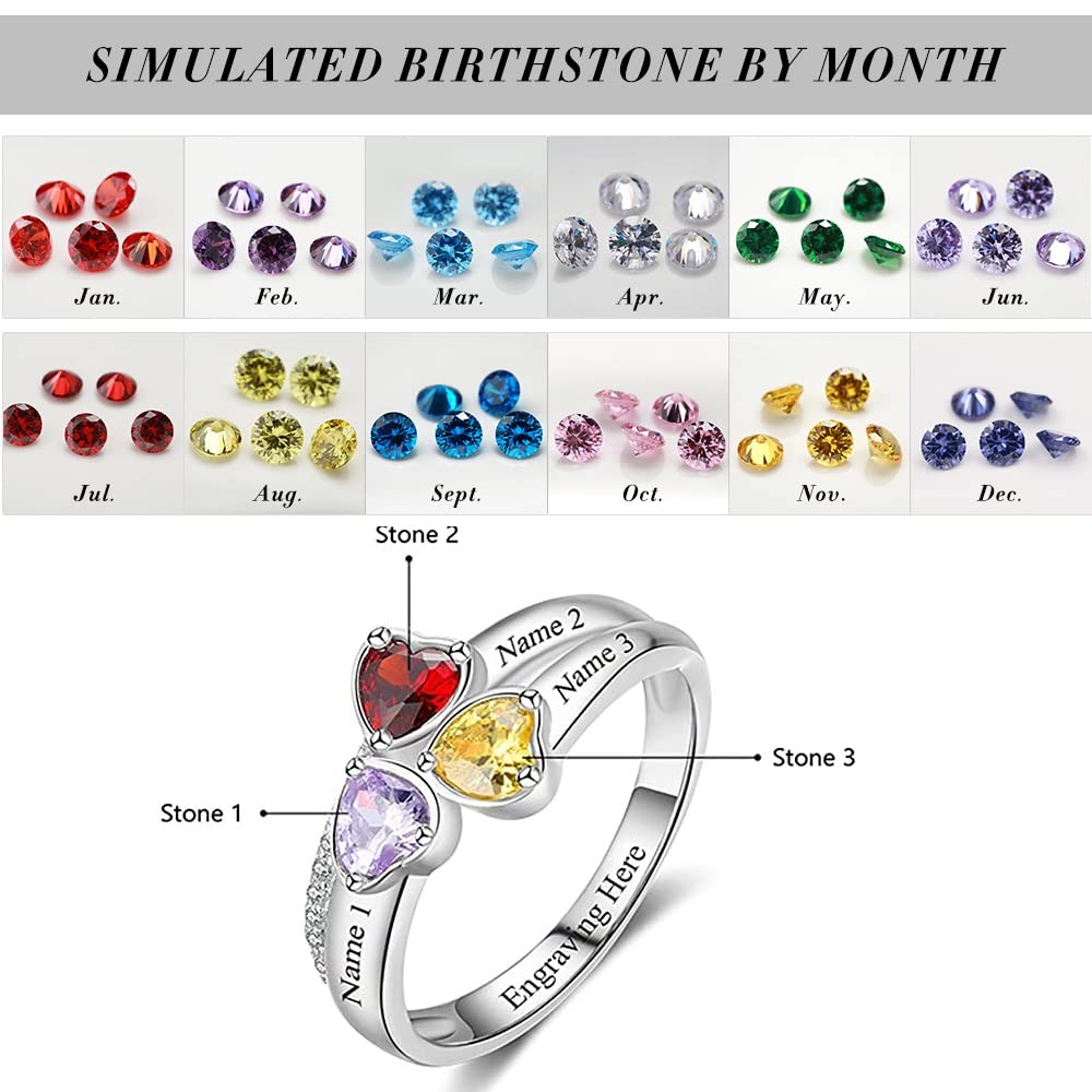 Mother's Day Gift Personalized Mother Daughter Ring with 3 Simulated Birthstones and Names 18K White Gold Filled 925 Sterling Silver Based Ring Customized Family Name Rings for Mother Grandmother Women Wife Birthday Mother’s Day Gift (A)