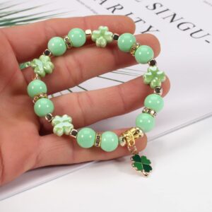 St.Patrick’s Day Bracelets for Women Lucky Leaf Shamrock Charm Bracelet Green Beaded Stretch Bracelet