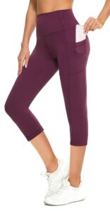 sugar pocket women's high waist yoga pants with pockets?workout running yoga leggings for women m, dark red capri