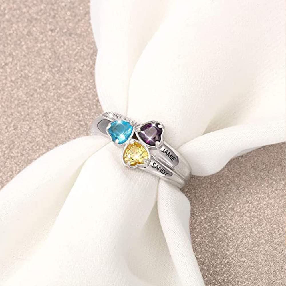 Mother's Day Gift Personalized Mother Daughter Ring with 3 Simulated Birthstones and Names 18K White Gold Filled 925 Sterling Silver Based Ring Customized Family Name Rings for Mother Grandmother Women Wife Birthday Mother’s Day Gift (A)