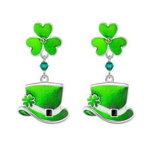 st. patrick's day earrings, st patricks day accessories, shamrock earrings, stud earrings for women, 3-leaf clover with green top hat drop dangle earrings for women, e04a