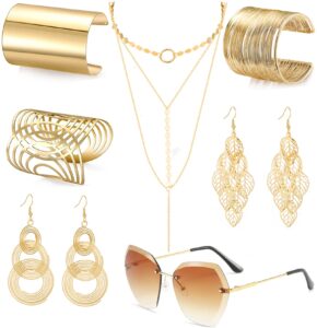 firazio 7 pieces 70s disco accessories costume jewelry set for women rimless diamond cutting sunglasses gold cuff bangle bracelet layered choker necklace disco earrings