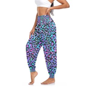 Aflyko Leopard Print Neon Women Dance Pants Boho Trousers Yoga Sweatpants Moisture-Wicking Casual Pants Sportwear L