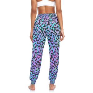 Aflyko Leopard Print Neon Women Dance Pants Boho Trousers Yoga Sweatpants Moisture-Wicking Casual Pants Sportwear L