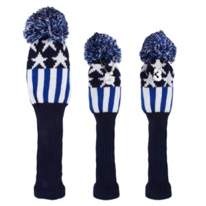 andux 3pack/set knit pom pom golf 460cc driver fairway wood club head covers blue stripe mt/mg77