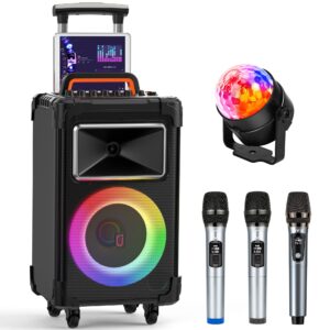 jyx karaoke machine with 3 mics and discol light, livestream speaker pa system sbuwoofer with 8 sound effects,lyrics display holder,led lights,treble/bass adjustment, support tws/rec/fm/usb/sd/aux-in