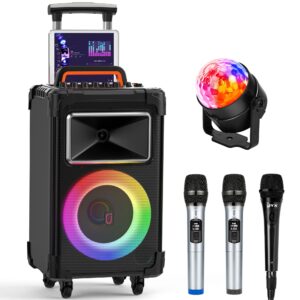 jyx karaoke machine with 3 mics and disco light, livestream speaker pa system sbuwoofer with 8 sound effects,lyrics display holder,led lights,treble/bass adjustment, support tws/rec/fm/usb/sd/aux-in