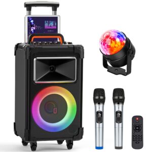 jyx karaoke machine with 2 mics and disco light,livestream speaker pa system sbuwoofer with 8 sound effects,lyrics display holder,led lights,treble/bass adjustment, support tws/rec/fm/usb/sd/aux-in