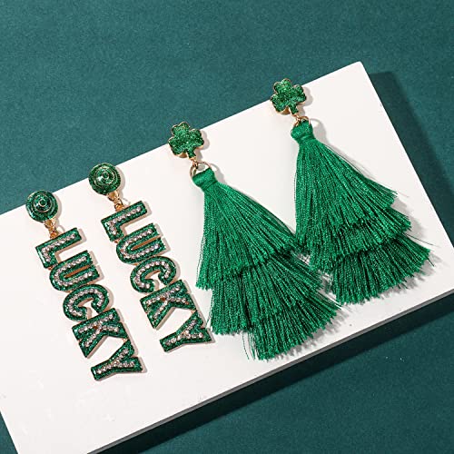 St Patricks Day Earrings for Women, Green Shamrock Earrings Letter Good Luck Irish Earrings Layered Tassel Earrings, St. Patricks Day Accessories Holiday Gifts (Lucky 2)