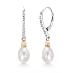 gem stone king 925 sterling silver and 10k yellow gold 9x7mm cultured freshwater pearl and white lab grown diamond dangling earrings with leverback for women