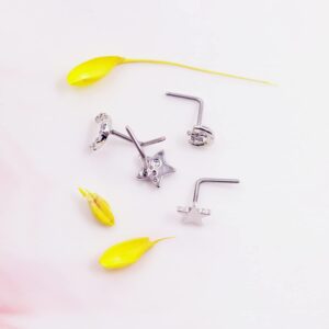 BODY16G CZCZ 4Pcs 20G Star Nose Rings 316L Stainless Steel L Shaped Moon Nose Studs Nose Rings Nose Piercing Jewelry for Women Men