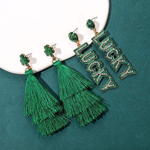 St Patricks Day Earrings for Women, Green Shamrock Earrings Letter Good Luck Irish Earrings Layered Tassel Earrings, St. Patricks Day Accessories Holiday Gifts (Lucky 2)