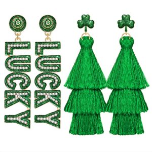 St Patricks Day Earrings for Women, Green Shamrock Earrings Letter Good Luck Irish Earrings Layered Tassel Earrings, St. Patricks Day Accessories Holiday Gifts (Lucky 2)