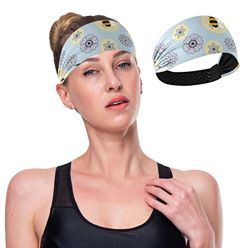 Unisex Workout Headbands Cartoon-bee-Flower Elastic Yoga Sweatband Stretchy Sports Hairband