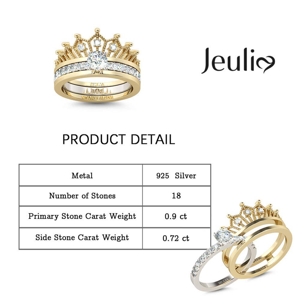 Jeulia 2 Carat Crown 925 Sterling Silver Ring For Women Crown Two Tone Round Cut Wedding Ring Sets Gold Plated Wedding Band Cubic Zirconia Engagement Ring Anniversary Promise with Jewelry Box (10)