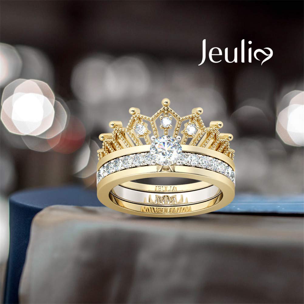 Jeulia 2 Carat Crown 925 Sterling Silver Ring For Women Crown Two Tone Round Cut Wedding Ring Sets Gold Plated Wedding Band Cubic Zirconia Engagement Ring Anniversary Promise with Jewelry Box (10)