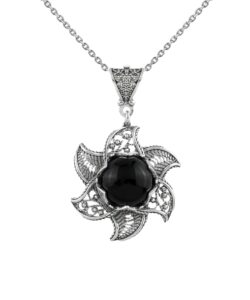 filigranist 925 sterling silver filigree art 3d lotus flower women pendant necklace with gemstones (black onyx)