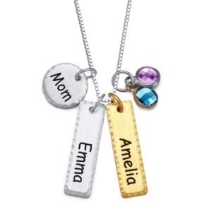 memediy personalized names bar necklace 925 sterling silver custom text pendant for mom/granddaughter/women handmade hammered edge jewelry with birthstone charms mothers day gift(e2:2tag+round tag)