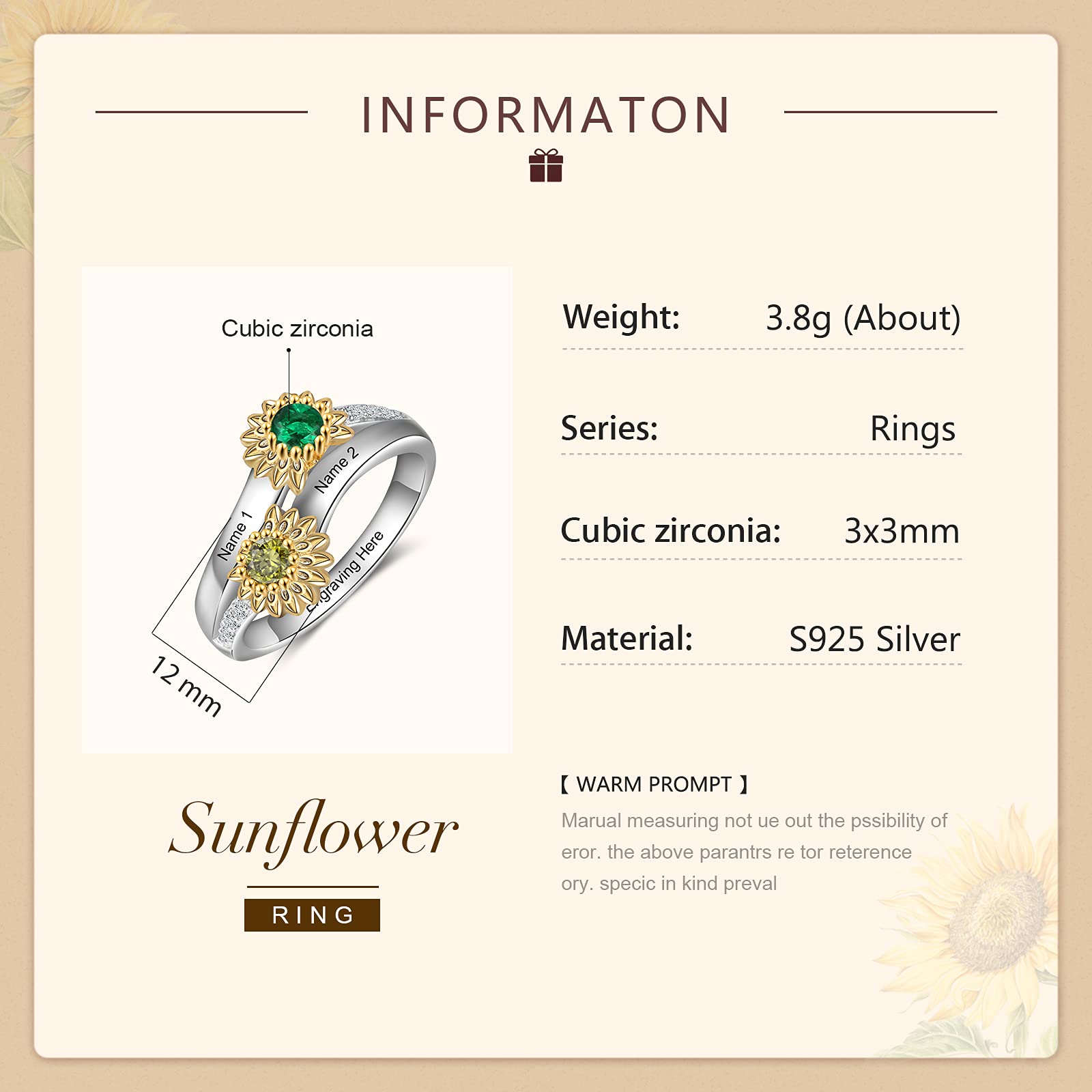 Lemefind Mothers Ring 925 Sterling Silver Personalized 2 Sunflower Birthstone Name Rings Mom Ring Mothers Day Gifts for Women Wife Mom Grandma (6-9 Size)