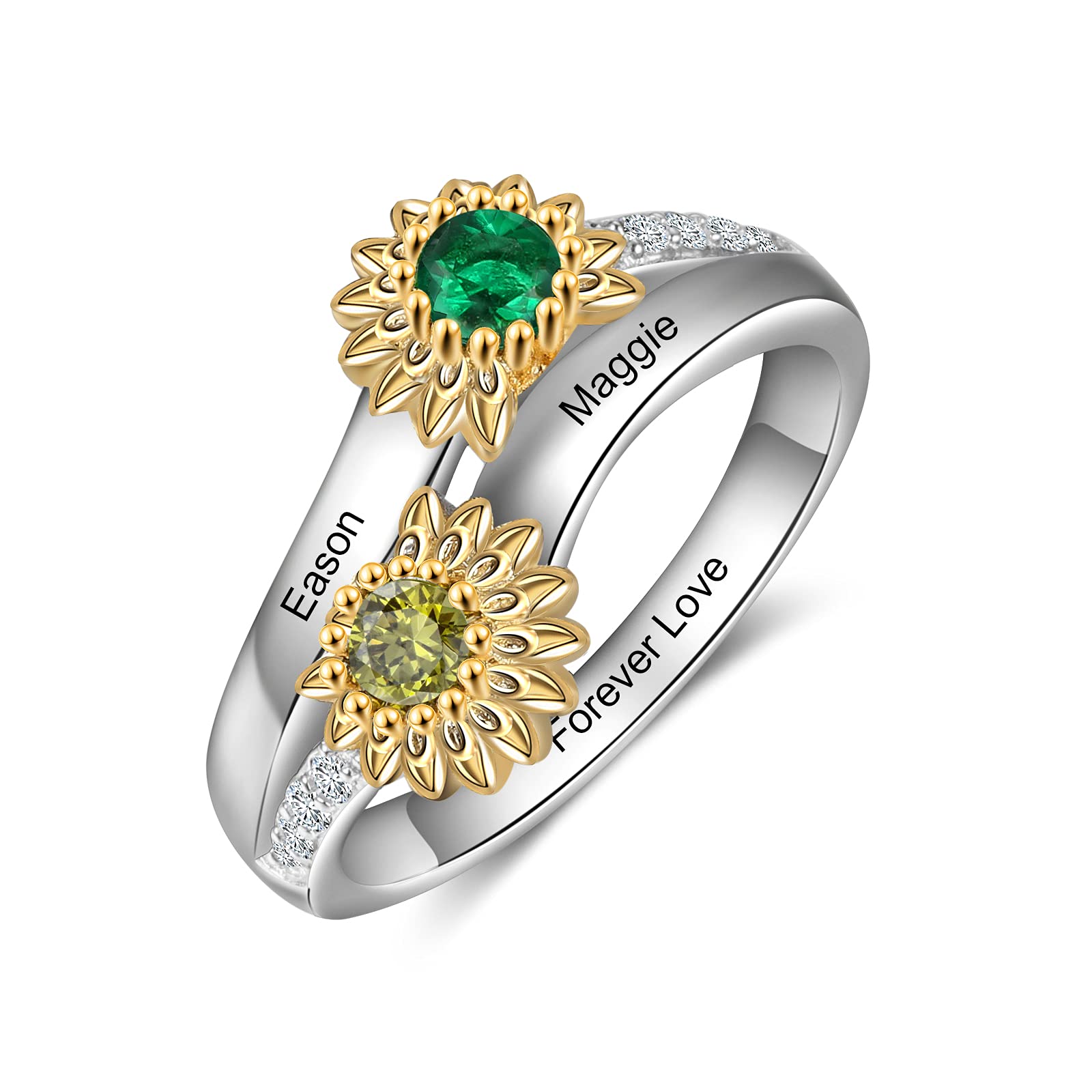 Lemefind Mothers Ring 925 Sterling Silver Personalized 2 Sunflower Birthstone Name Rings Mom Ring Mothers Day Gifts for Women Wife Mom Grandma (6-9 Size)