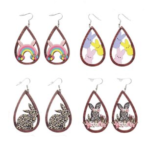 4pairs easter egg rabbit chicken drop dangle earring set for women mother friend wooden hollow out waterdrop leopard print wood earring rainbow easter jewelry gift-a waterdrop