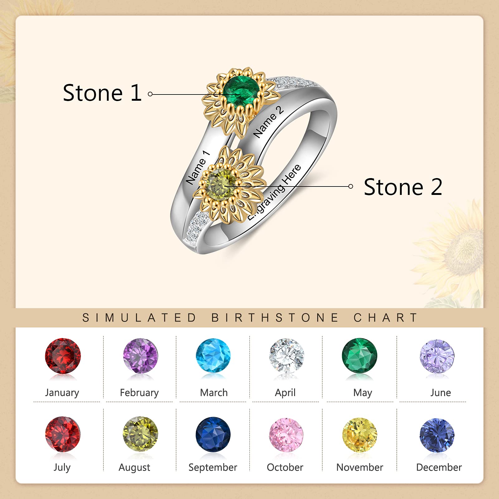 Lemefind Mothers Ring 925 Sterling Silver Personalized 2 Sunflower Birthstone Name Rings Mom Ring Mothers Day Gifts for Women Wife Mom Grandma (6-9 Size)