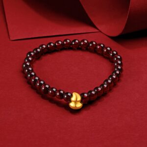 ZHOU LIU FU 24K Solid Gold Bracelet for Women, Real Pure Gold Jewelry Gourd Garnet Beaded Bracelet for Men Girlfriend