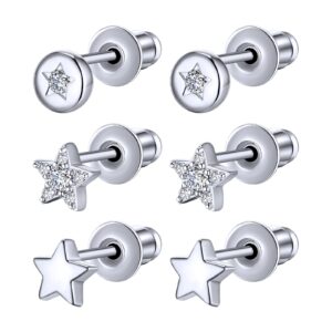 3 pairs star stud earrings for women and men，14k gold plated dainty tiny hypoallergenic cartilage cubic zirconia earrings set (white gold)