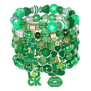 bvga st. patrick's day beaded bracelets set for women holiday shamrock clover green leaf lucky charm stretch bracelets jewelry set for party parade 6 pieces