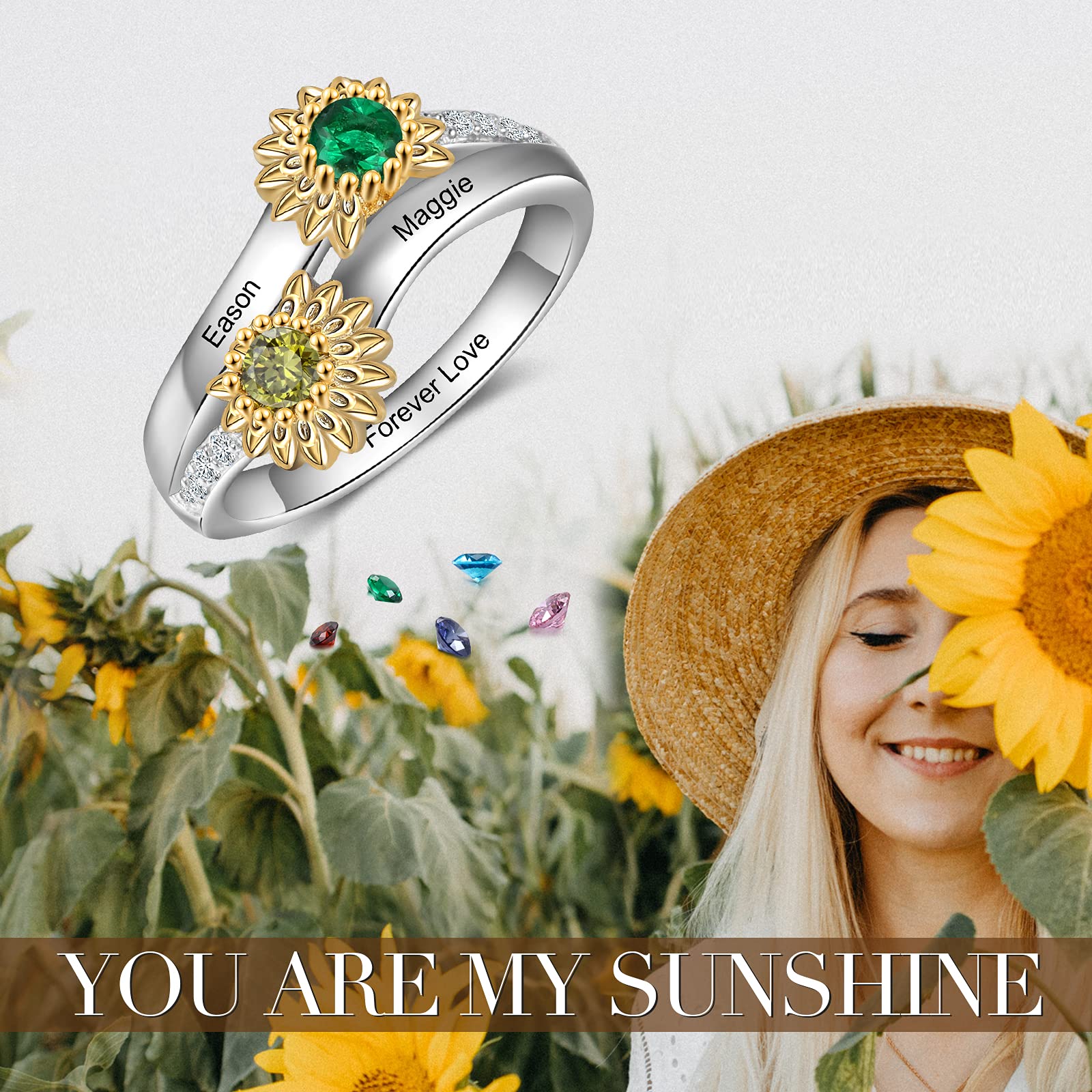 Lemefind Mothers Ring 925 Sterling Silver Personalized 2 Sunflower Birthstone Name Rings Mom Ring Mothers Day Gifts for Women Wife Mom Grandma (6-9 Size)