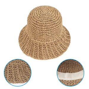 Minache Solid Color Crochet Straw Hat Foldable Wide Brim Outdoor Sun Visor Hat Bucket Hat for Women Girl, 07445 Khaki